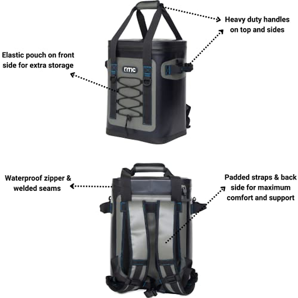 RTIC Backpack Cooler 20 Can, Insulated Portable Soft Cooler Bag Waterproof for Ice, Lunch, Beach, Drink, Beverage, Travel, Camping, Picnic, Car, Hiking, Blue/Grey