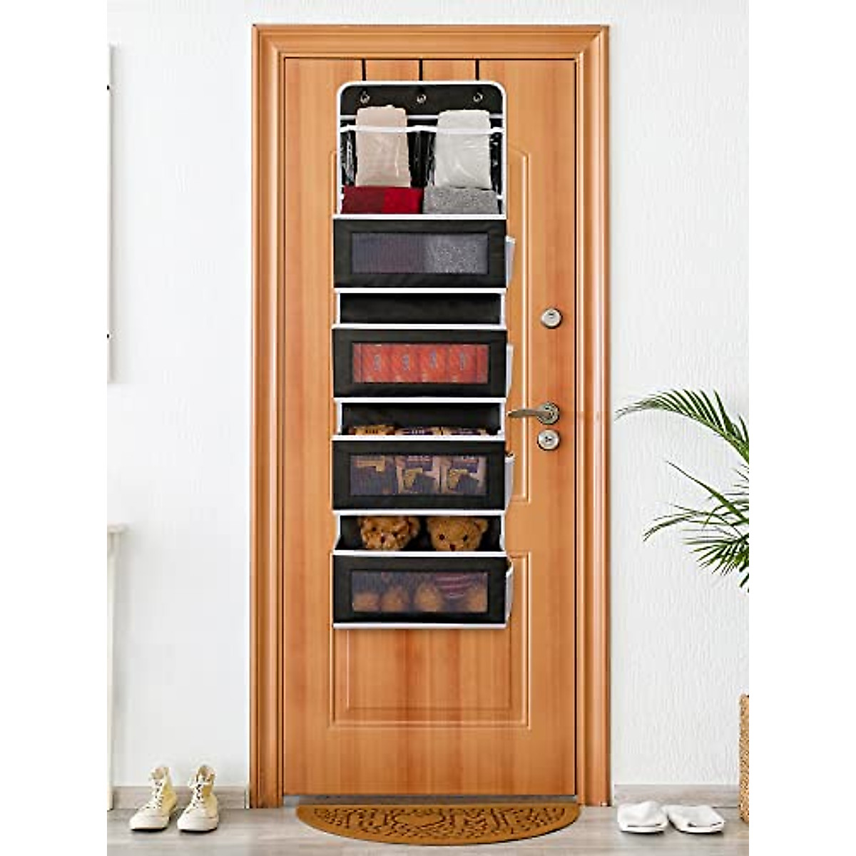 JARLINK 2 Pack 5-Shelf Over Door Hanging Organizer, Foldable Wall Mount 4 Big Pocket Storage with PVC Clear Window, Large Capacity Storage for Bedroom, Kitchen, Cosmetics, Toys, Sundries, etc (Black)