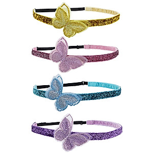 FROG SAC 4 Butterfly Headbands for Girls, Adjustable Non Slip Glitter Headband for Kids, Cute Nonslip Little Girl Hair Accessories, Thin Head Band Hairbands