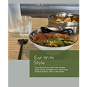 Ceramic Ramen Bowl Set - 8 Piece- Large White 40 oz Japanese Ramen Bowls, Spoons, Chopsticks and Chopstick Stands For Udon Noodles, Miso Soup, Cereal, Pasta, Pho and Salad Serving Set of 2 Blue