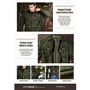 CQR Men's Flannel Lined Shirt Jackets, Long Sleeved Rugged Plaid Cotton Brushed Suede Shirt Jacket, Flannel Print Lined Camo Olive, X-Small