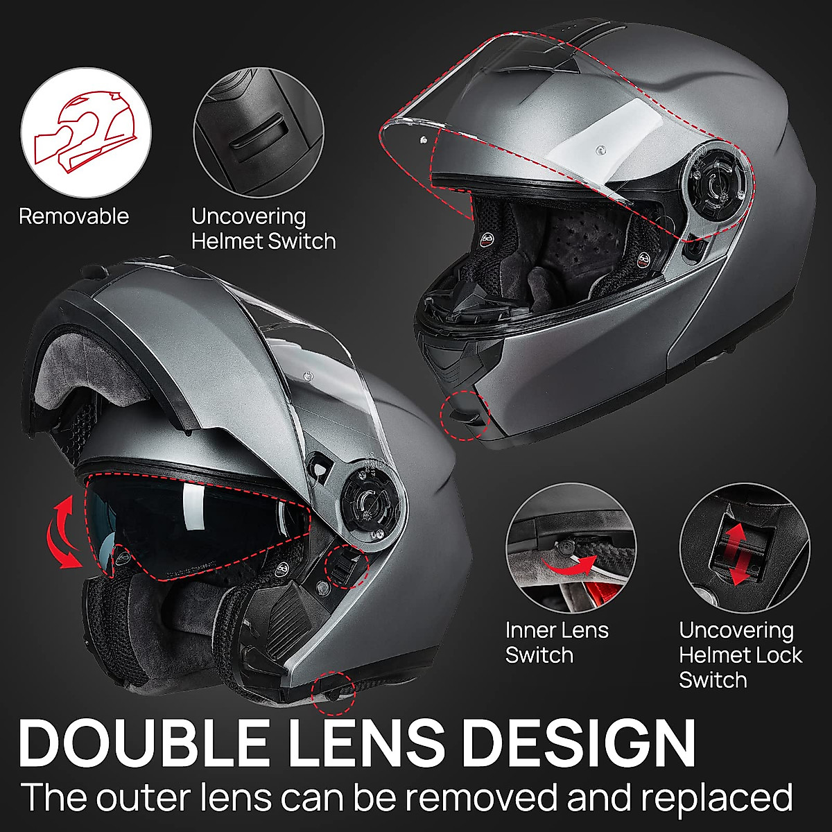 ILM Adult Motorcycle Modular Full Face Helmet Flip up Dual Visor DOT Approved Model 159(Gray,X-Large)