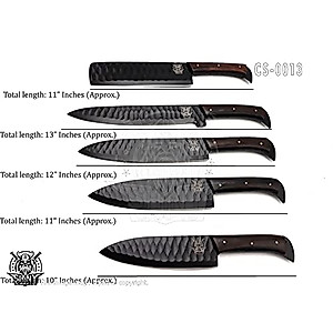 SHINY CRAFTS | Handmade Forged Black Coated Kitchen Knife Set with Wangi wood handle and Damascus Steel Blade, Chef’s Knives set with Leather Pouch Roll and Razor-Sharp Blade (CS-13)