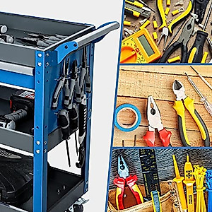 AIRAJ PRO 3 Tier Tool Cart,440 LBS Rolling Tool Cart with Drawer and Wheels,Heavy Duty Industrial Service Cart,Tool Storage Cart with Lockable Drawers ,Tool Storage Organizer for Garage, Warehouse,Workshop,Blue