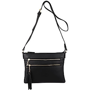 B BRENTANO Vegan Multi-Zipper Crossbody Handbag Purse with Tassel Accents (Black 1)