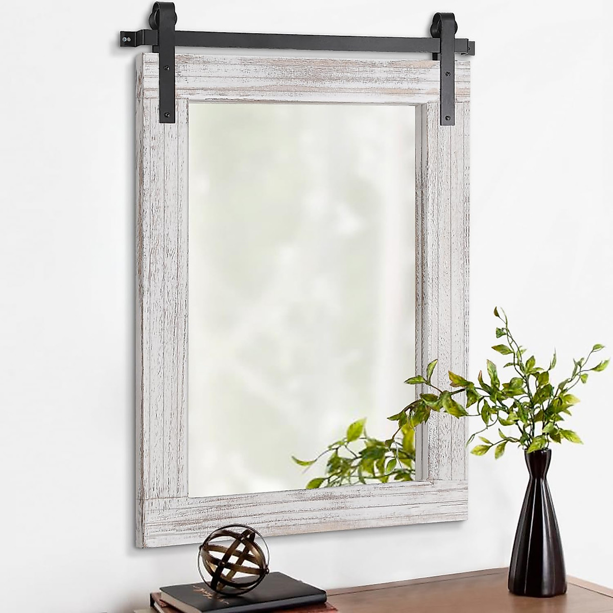 AAZZKANG Wall Mirror Rustic Barn Door Mirror Large 26"x18" with Wood Framed Rectangle Decorative Bedroom Bathroom Vanity Mirror Farmhouse Wall Decor White