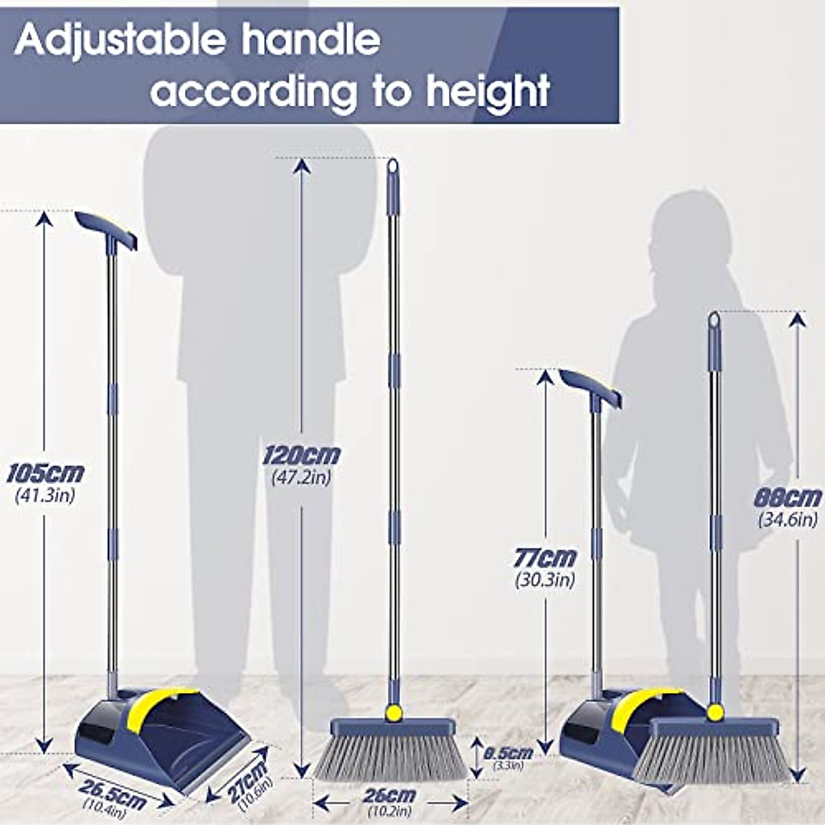 Almcmy Broom and Dustpan Set, Broom with Dustpan Combo Set, 47" Long Handle, Stand Up Dust Pan with Comb Teeth, Standing Dustpan and Broom Set for Sweeping Indoor Lobby Office Kitchen