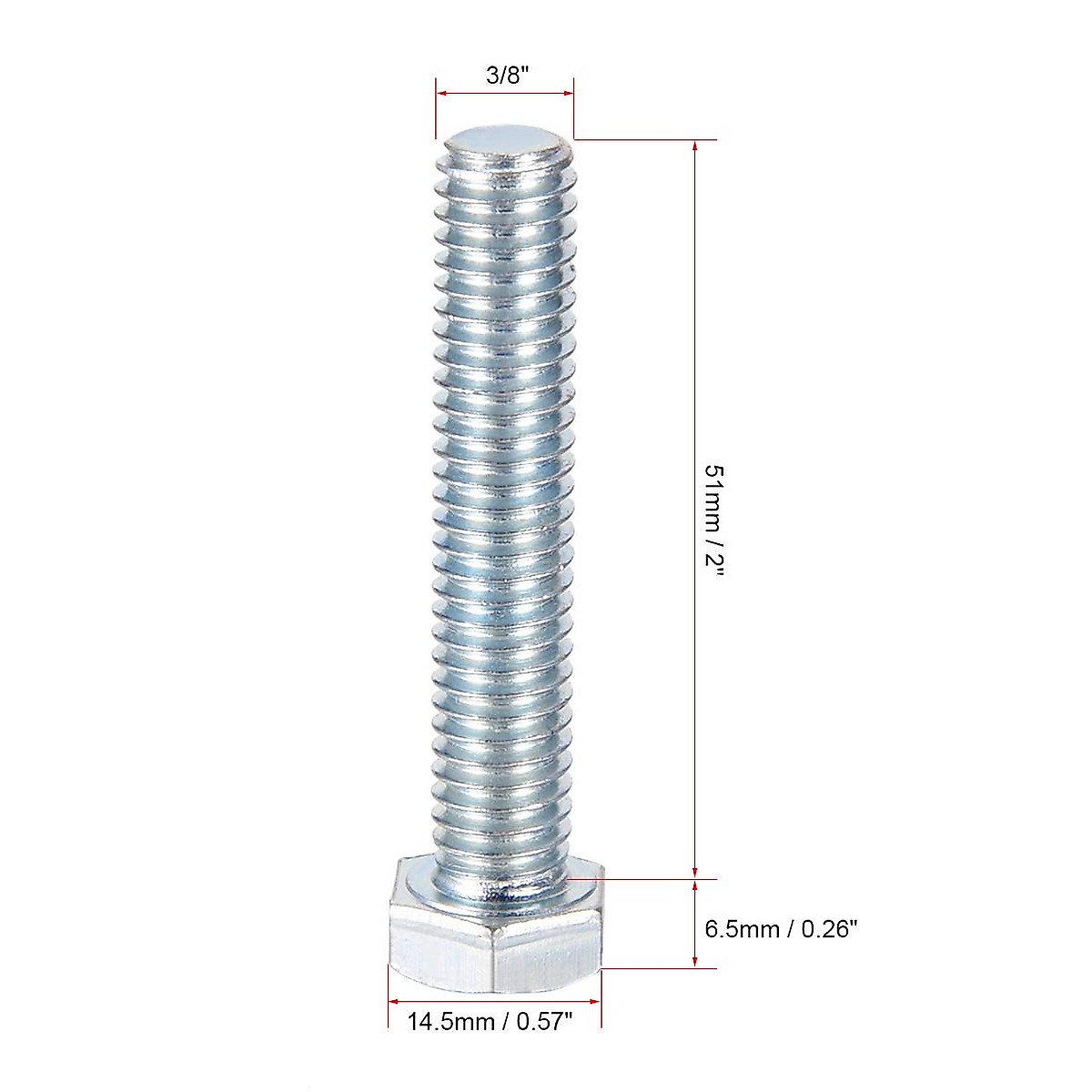 uxcell Hex Head Screw Bolts Carbon Steel 3/8"-16x2" Fastener Grade 5 UNC 5pcs