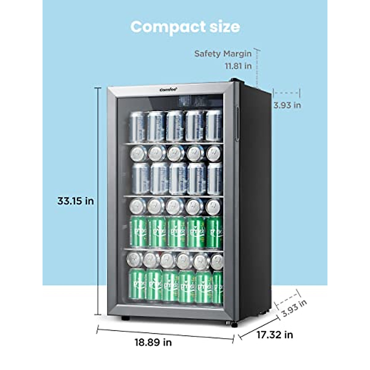 COMFEE' CRV115TAST Cooler, 115 Cans Beverage Refrigerator, Adjustable Thermostat, Glass Door With Stainless Steel Frame, Reversible Hinge Door And Legs For Home, Apartment