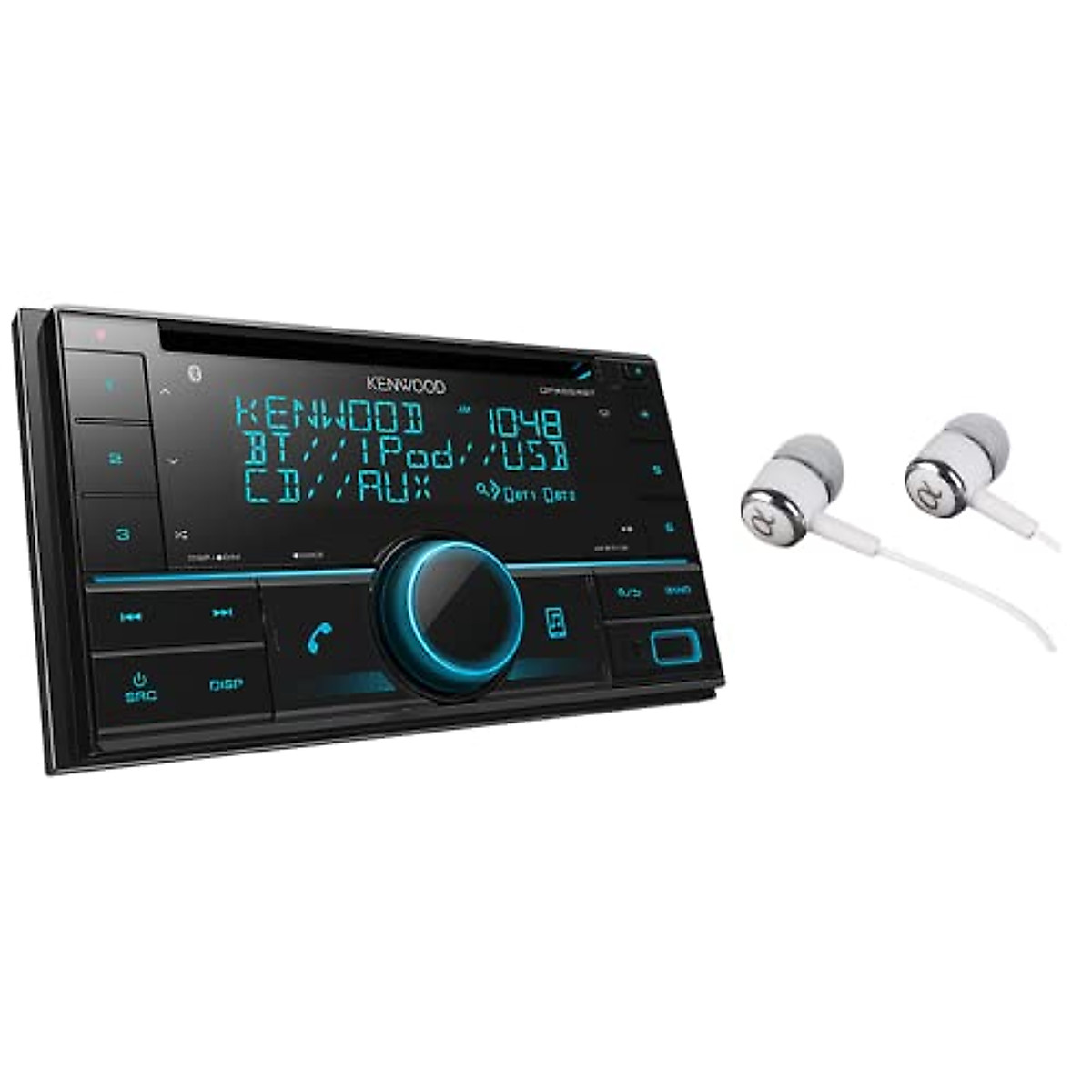 Kenwood Double-DIN In-Dash CD/MP3/USB Bluetooth AM/FM Car Stereo Receiver High Resolution Audio Compatibility Pandora/iHeart Radio/Spotify/iPhone and Android App Ready with ALPHASONIK EARBUDS