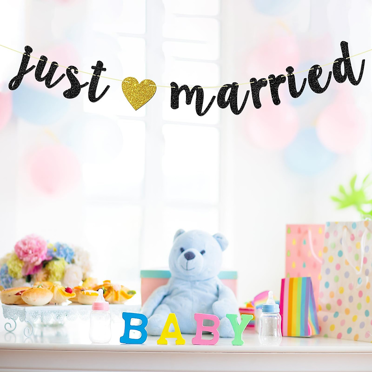 Black Glitter Just Married Banner - Just Married Sign - Wedding Banner - Bridal Shower / Bachelorette Party Decoration Supplies