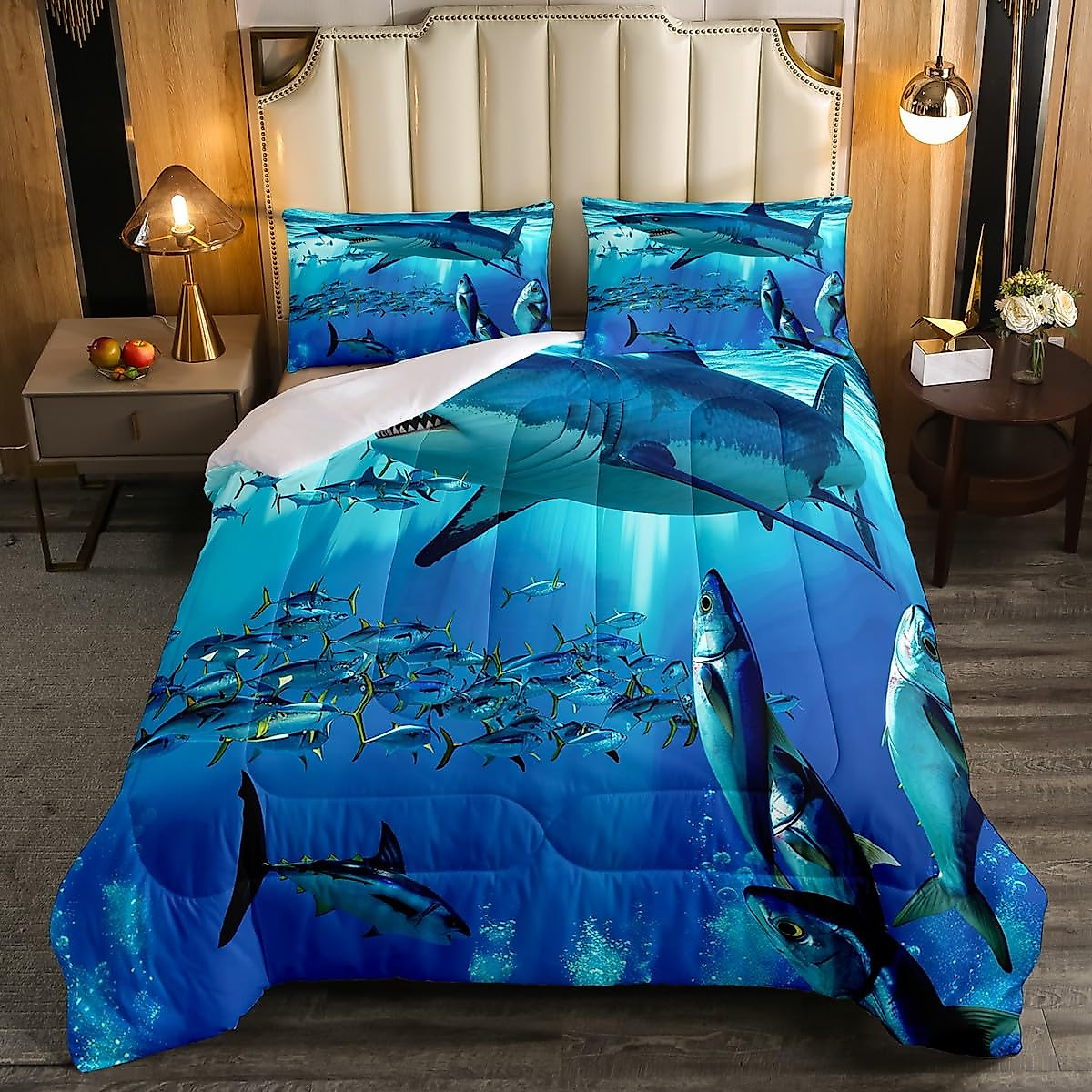 Erosebridal Blue Ocean Bedding Set Twin Size,3D Shark Duvet Insert Underwater Scenery Comforter Set Nautical Sea Animal Aquarium Quilted Duvet Coastal Creature Marine Life Bedroom Decor