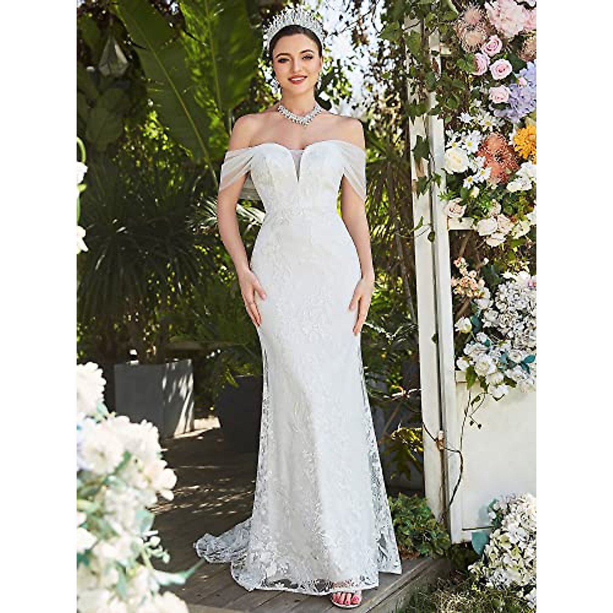 Ever-Pretty Women's V Neck Lace Maxi Mermaid Wedding Dress with Sweep Train White US4