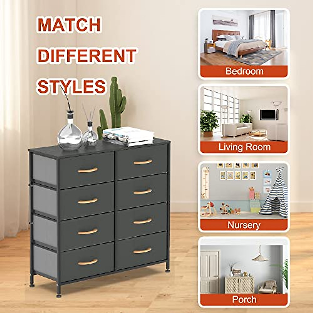 WAYTRIM Dresser for Bedroom, 8 Drawer Storage Organizer Tall Wide Dresser, for Closet, Living Room, Hallway, Dormitory, Sturdy Steel Frame, Wooden Top (Light Grey)