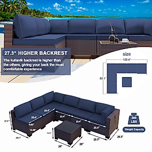 Kullavik 7 Pieces Outdoor Patio Furniture Set Sectional Rattan Sofa Brown Manual Wicker Patio Conversation Set with Navy Blue Cushions,1 Tempered Glass Tea Table and Cushions Covers