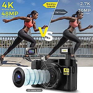 Digital Camera 4K 48MP Autofocus Full HD Vlogging Camera for YouTube Flip Screen Compact Camera for Beginners Teens Photography with Two Rechargeable Batteries