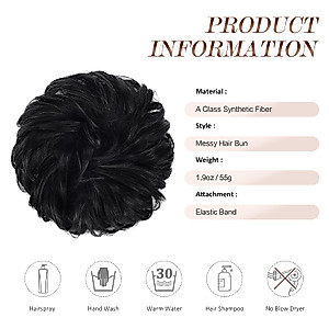 FESHFEN Large Jet Black Synthetic Fiber Messy Bun Hair Piece, 1.94 oz