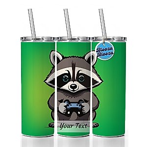 Personalized Custom Name Text Raccoon Gamer Gaming Playing Game Skinny Tumbler 20oz with Straw Insulated Water Bottle Gift - 1 Line Horizontal