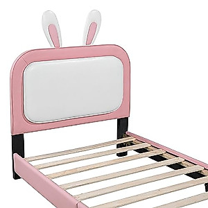 Bellemave Twin Size Upholstered Rabbit-Shape Princess Bed,PU Upholstered Twin Platform Bed with Slat Supports, Kids Twin Size Bed Frame for Boys Girls(White+Pink)