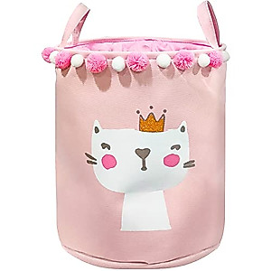 Cute Babys Laundry Basket - Kids Laundry Hamper for Girls, (Cat) Collapsible Thicken Durable Toys Organizer Storage Round Baskets and Nursery Bedroom Decor (Pink）