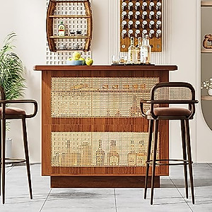 Tribesigns Rattan Home Bar Unit, Farmhouse 4-Tier Bar Table with 4 Stemware Racks and Heightened Base, Liquor Wine Bar Cabinet Mini Bar Table for Home Pub, Caramel Brown
