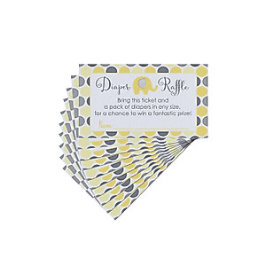 Paper Clever Party Yellow Elephant Diaper Raffle Tickets, Baby Shower Game Drawings, Invitation Insert Cards, 25 Guests Pack