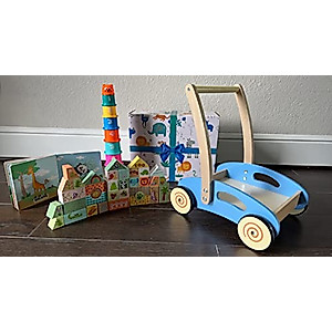 PIDOKO KIDS Wooden Baby Walker - 1 Year Old Boy Girl Gifts - Includes Stacking Sorting Cups, Zoo Themed Blocks and Book - Developmental Montessori Learning Toys for Babies 12 Months +