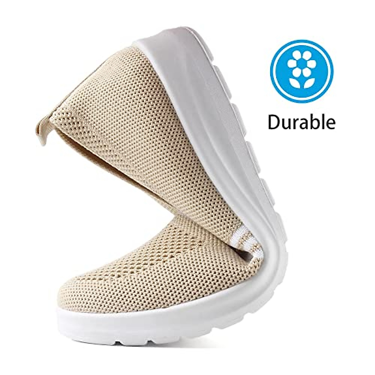 MUSSHOE Womens Walking Shoes Slip on Comfortable Elastic Knit Women Sneakers,Beige 7