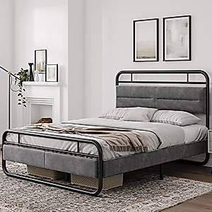 Yaheetech Queen Size Bed Frame, Heavy Duty Metal Platform Bed with Curved Upholstered Headboard, 8.7 Inch Under-Bed Storage/Steel Slat Support/Noise Free/No Box Spring Needed/Easy Assembly/Dark Grey