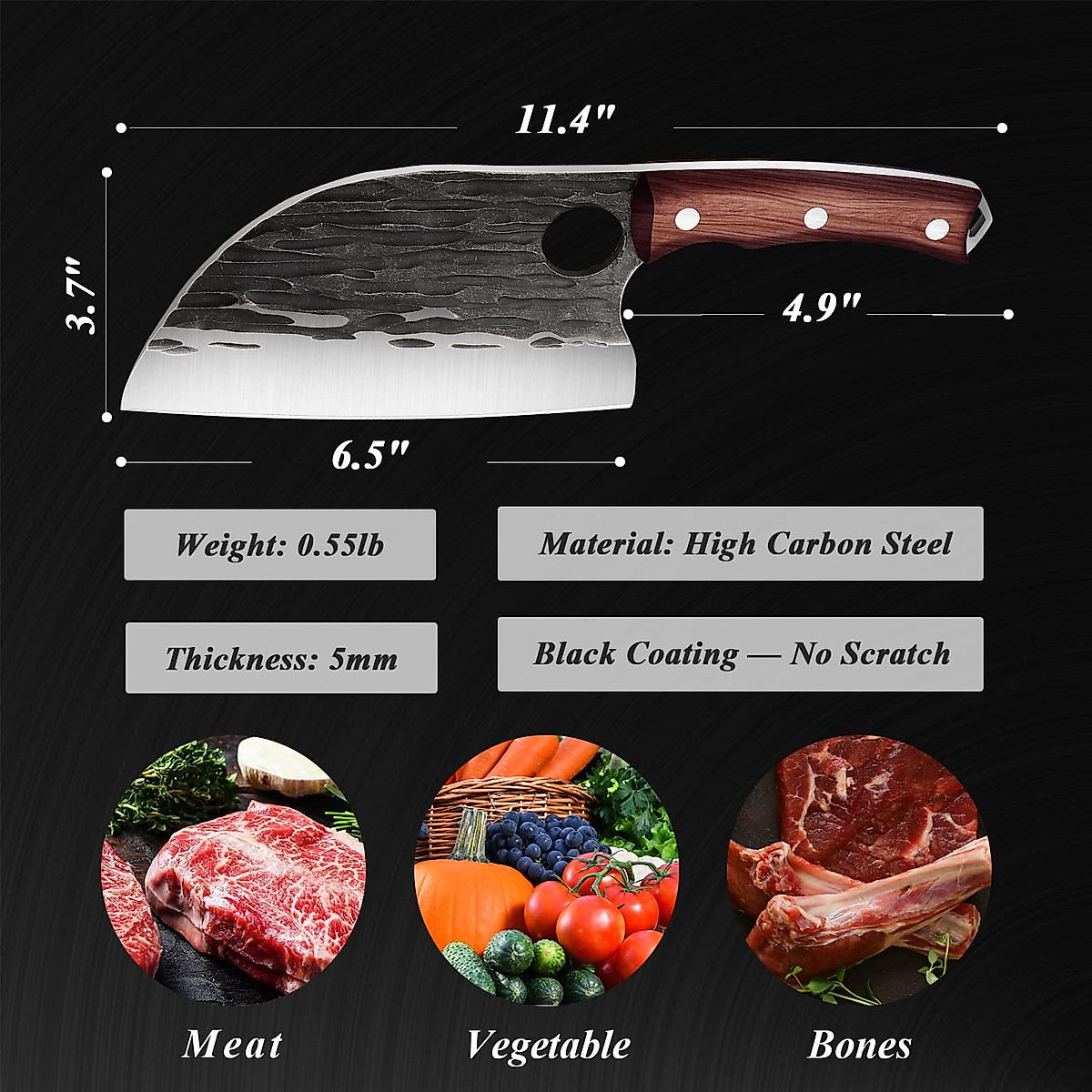 ROCOCO Serbian Chef Knife 6.5" Butcher Knife Japanese Full Tang Boning Chopping Viking Cleaver with Sheath for Kitchen Outdoor BBQ Camping Thanksgiving Christmas Gift Gift Men
