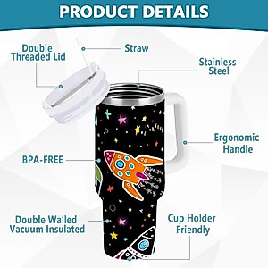 ODAWA 40oz Leak Proof Tumbler, Colorful Spaceships Stars Stainless Steel Vacuum Insulated Tumbler with Handle and Straw