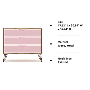 Manhattan Comfort Rockefeller Mid-Century Modern 3-Drawer Bedroom Dresser, Natural, Rose Pink Finish
