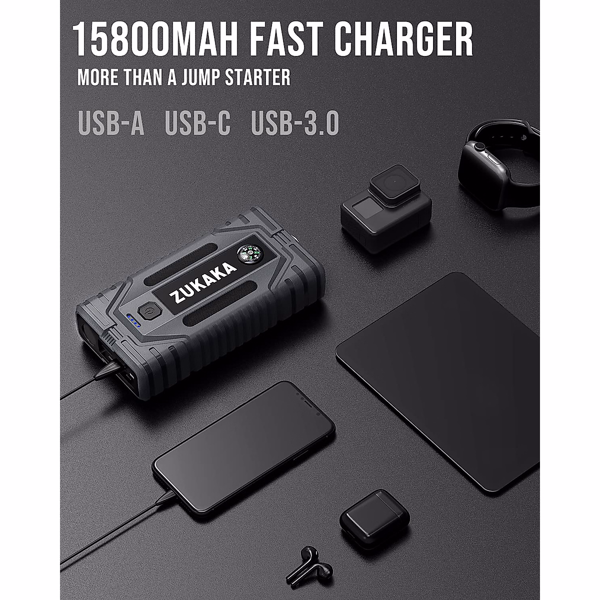 ZUKAKA Car Jump Starter 1500A Peak 15800mAh Battery Starter Up to 7L Gas and 5.5L Diesel Engine 12V Auto Jump Starter Box Power Bank with USB and Type C Port Jump Box with LED Light