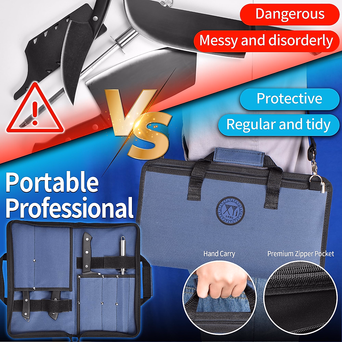 XYJ Portable Chef Knife Set Professional,Japanese Chef Knives With Sheath,Sharpener Rod,Cleaver Boning Knife For Vegetable Meat Cutting Camping Kitchen Knives,Full Tang,Gifts for Mom Dad