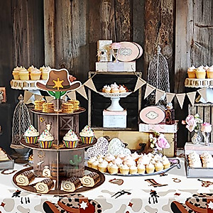 Haooryx Western Cowboy Party Decoration Cupcake Stand, 3 Tier Wild West Wooden House Barn Door Cupcake Tower Cardboard Dessert Holder for Western Cowboy Theme Birthday Party Baby Shower Table Supplies