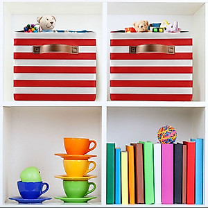 Kigai 2 Pack Foldable Storage Basket Red & White Stripes Foldable Storage Bins for Organizing Shelf Nursery Closet Organizers with Handle Toy Fabric Baskets for Home/Office