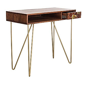 Safavieh Home Office Raveena Modern Natural Acacia and Brass 1-drawer Hairpin Leg Desk