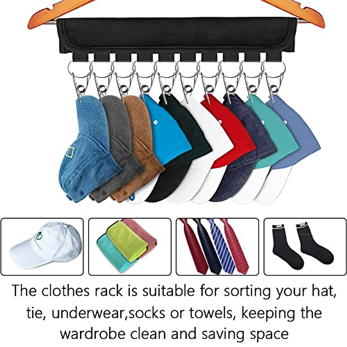 TOPMEET Hat Organizer for Baseball Caps Storage,Stainless Steel Clips Holder for Hanger, Cap Rack/Hat Shelf Fit Closet,Door,Wall - 2 Pieces (Black)