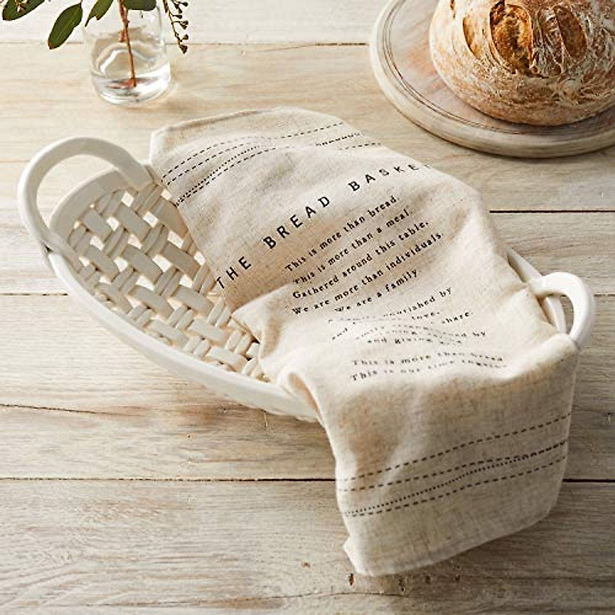 DEMDACO Bread Basket White 15 x 8 Ceramic Earthenware Decorative Bowl With Towel
