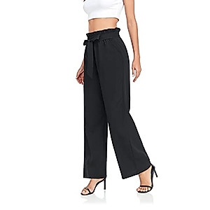 DIBOYU Women's Pants High Waist Palazzo Casual Wide Leg Pant Elastic Waist Pockets Pants with Belt XBK_XL Black