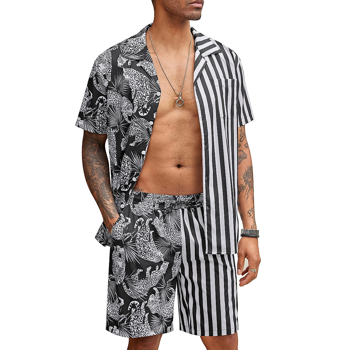 COOFANDY Men Striped Short Set Hawaiian Floral Short Sleeve Shirt Beach Set Outfits Black Leopard