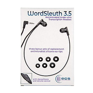 ECS Wordsleuth Under Chin in-Ear Audio Transcription Headphones, 10 Foot 3.5mm Jack, Noise Cancelling, Silicone Ear Phones with in-line Volume Control