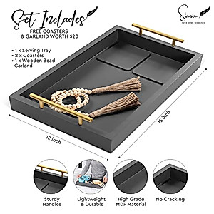 Decorative Coffee Table Tray Decor - Ottoman Tray - Free Beads Garland & Coasters - Wood Serving Tray with Handles - Modern Contemporary Design - Bar Trays for Liquor Display - Large Wooden Tray