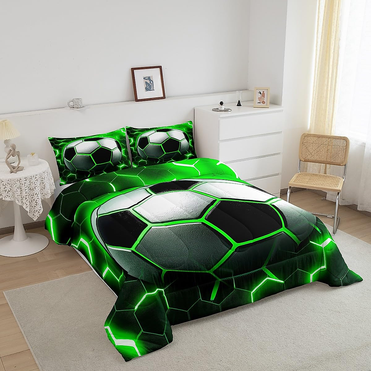 Soccer Print Comforter Set Full Football Bedding Comforters & Sets for Kids Boys Girls,Ball Game Duvet Sports Theme Quilt Comforter,Green Neon Honeycomb Duvet Teens Modern Cool Design Room Decor 3Pcs