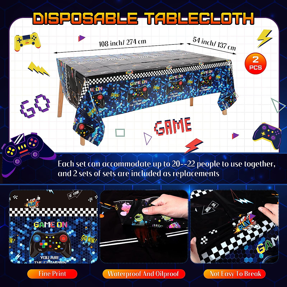 122 Pcs Video Game Party Supplies Tableware Set for 24 Guests Video Game Paper Plates Cups Napkins Plastic Tablecloth Party Tableware Serves for Gaming Birthday Party Decorations