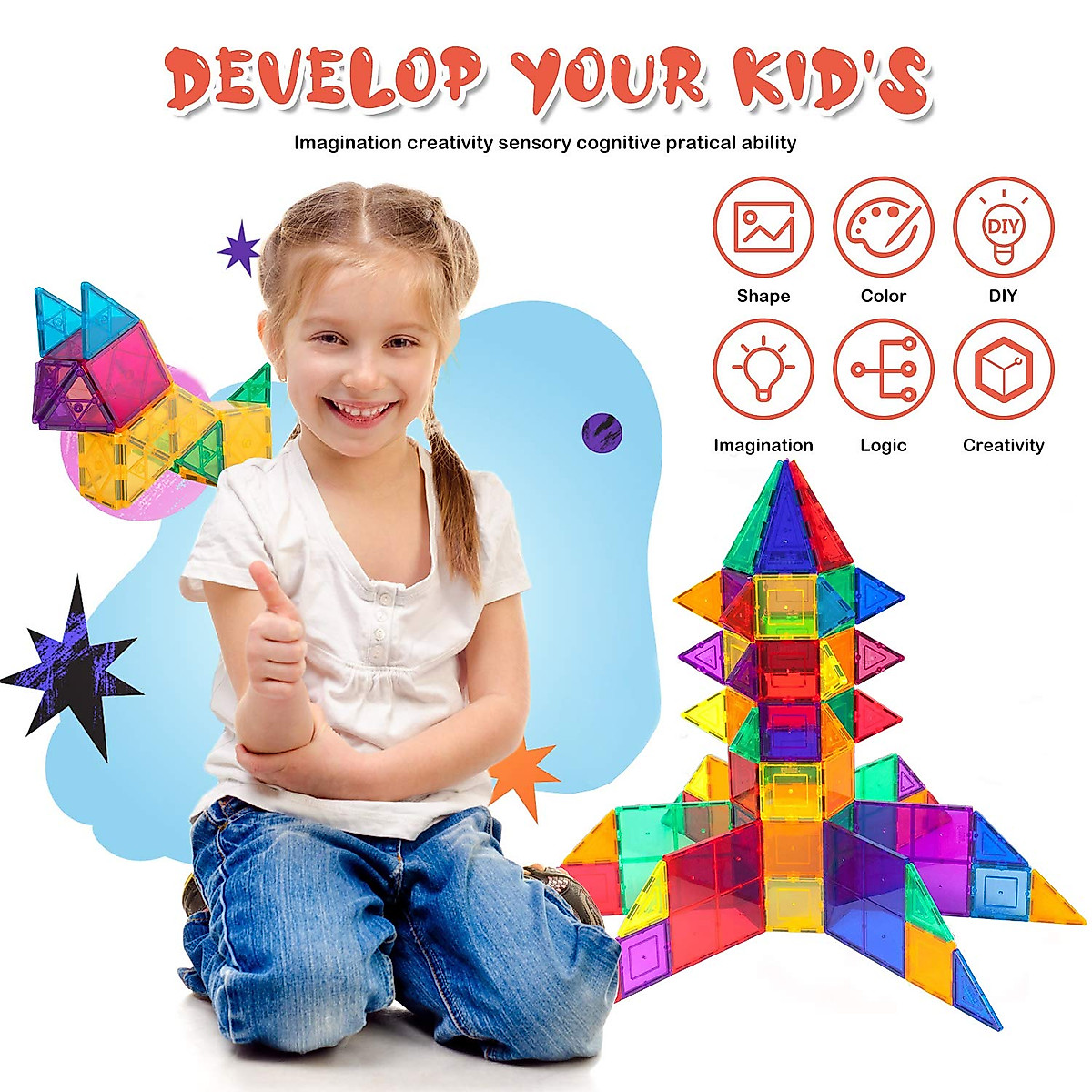 Magnetic Building Tiles, 78pcs Colorful 3D Transparent Magnet Building Blocks Set, Educational Toy Gift for Kids Boys Girls (78PCS)