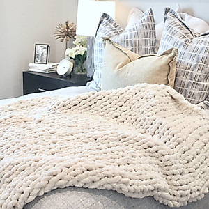 Adyrescia Chunky Knit Blanket Throw | 100% Hand Knit with Jumbo Chenille Yarn (40"x50", Cream White)