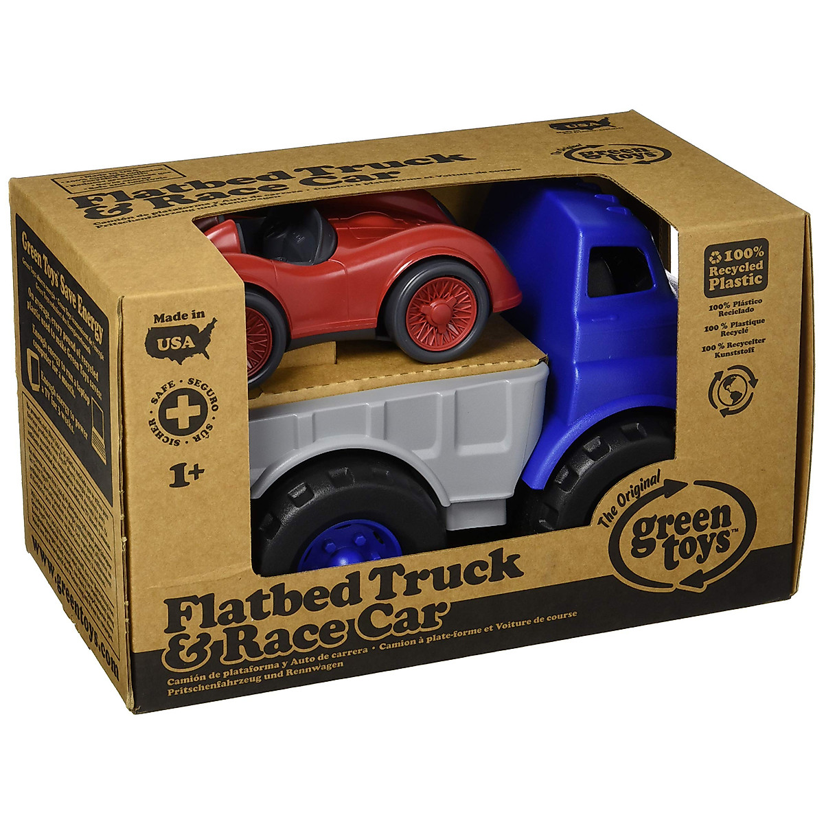 Green Toys Flatbed & Race Car, CB - Pretend Play, Motor Skills, Kids Toy Vehicles. No BPA, phthalates, PVC. Dishwasher Safe, Recycled Plastic, Made in USA.