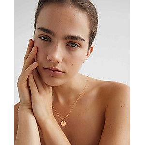 Bemoly Initial Necklace for Women Round 11MM Coin Disc Double Side Engraved Letter A Hammered Pendant 14K Gold Plated Personalized Alphabet Birthday Jewelry 17.5"