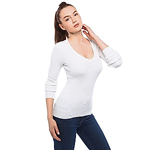 AmélieBoutik Women V Neck Long Sleeve Ribbed Pullover Knit Sweater Top (Ivory White Medium)